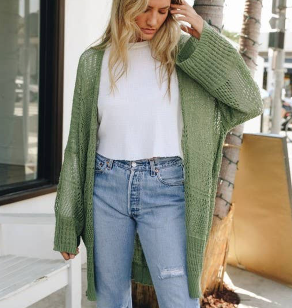 Moss Colored Knit Netted Cardigan | The Shed On Third